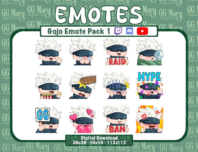 Anime Sorcerer Gojo Emote Bundle 1 Set of 12 Twitch/discord/youtube - Etsy
