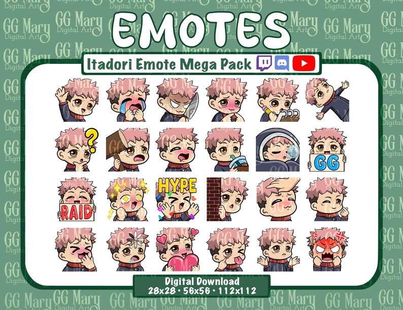 Anime Sorcerer Chibi Yuji Emote Mega Bundle Set of 24 Twitch/discord ...