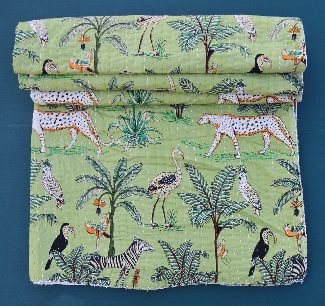 Pistachio Jungle Print Kantha Throw Indian Jungle Leaves Quilt Bed ...