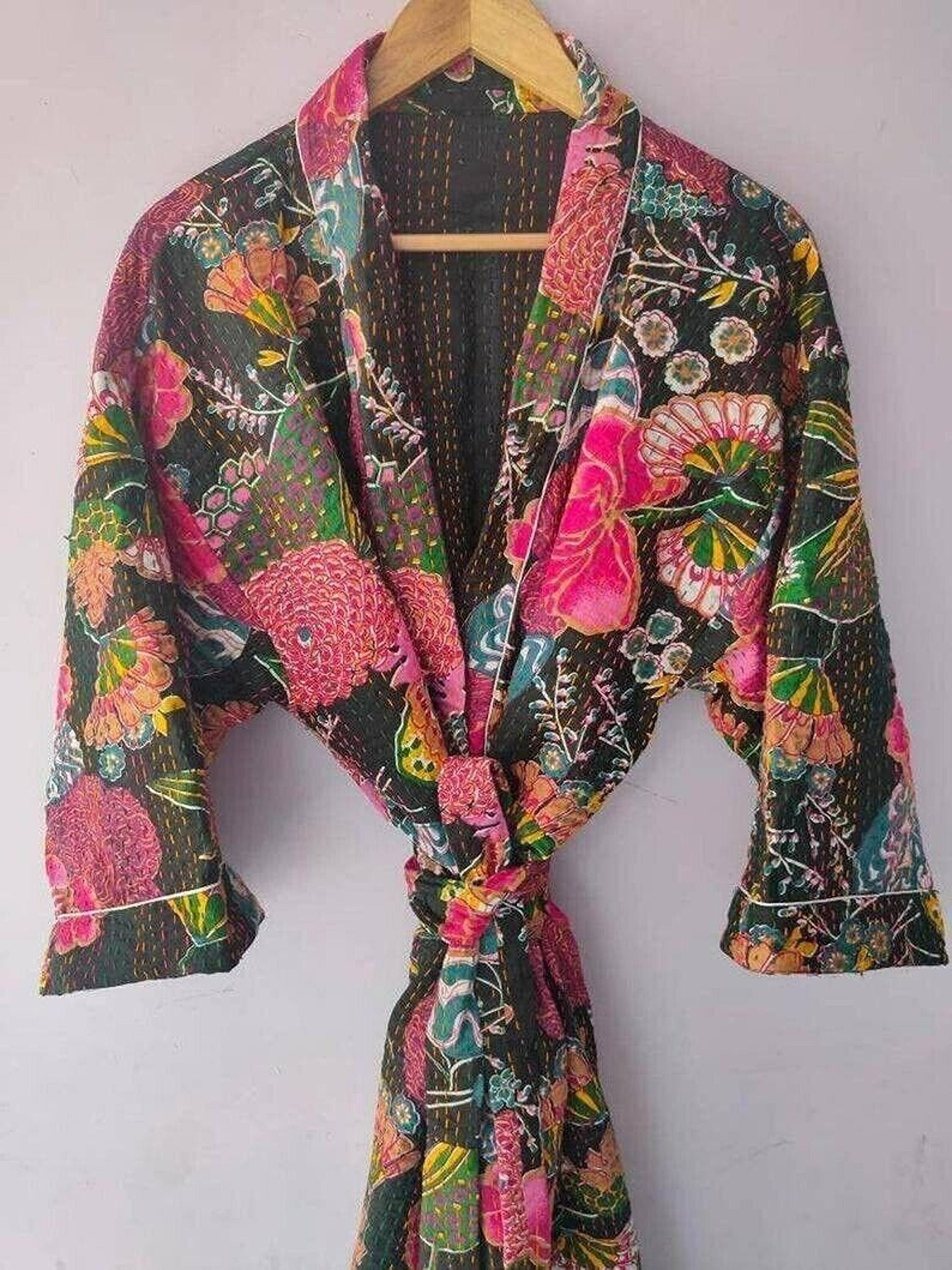 Kimono Cardigan Black Robe Kantha Work Indian Handmade Cardigan Brides ...