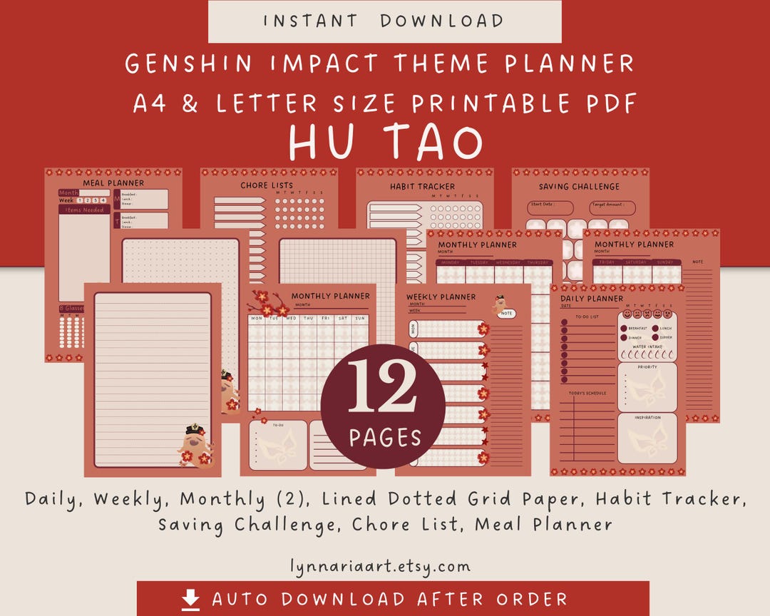 Genshin Impact Hu Tao Themed, Undated Printable Planner, Daily, Weekly ...
