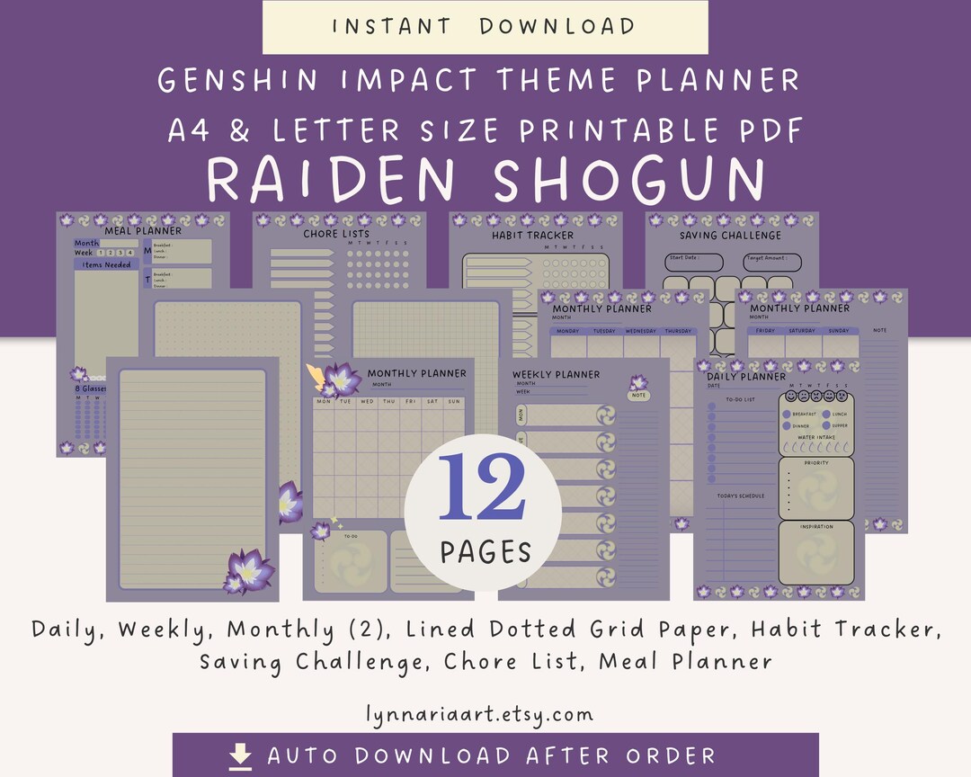 Genshin Impact Raiden Ei Theme, Undated Printable Planner, Daily, Weekly, Monthly Planner, Habit ...