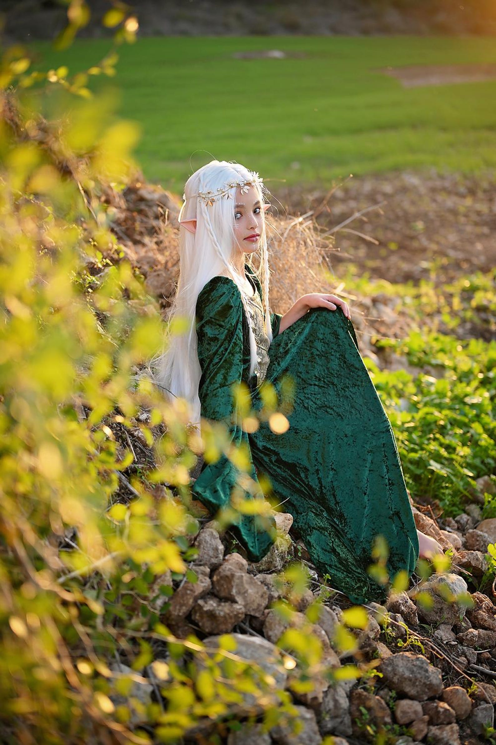 Girls' Velvet Elf Costume: Medieval Forest Dress, Ears & Headband - Etsy