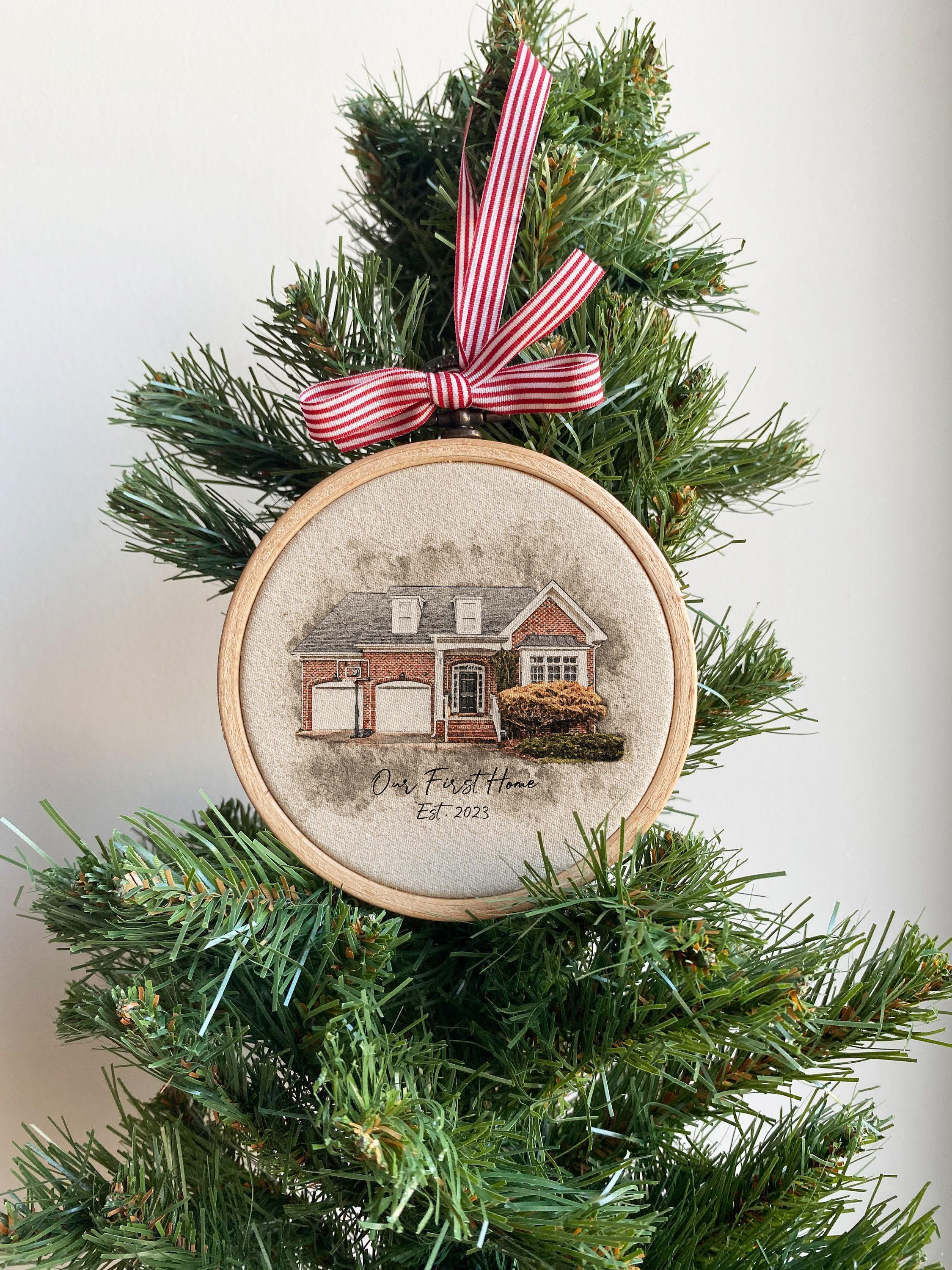 Custom House Photo Ornament: Beechwood Hoop, Cotton Calico Fabric