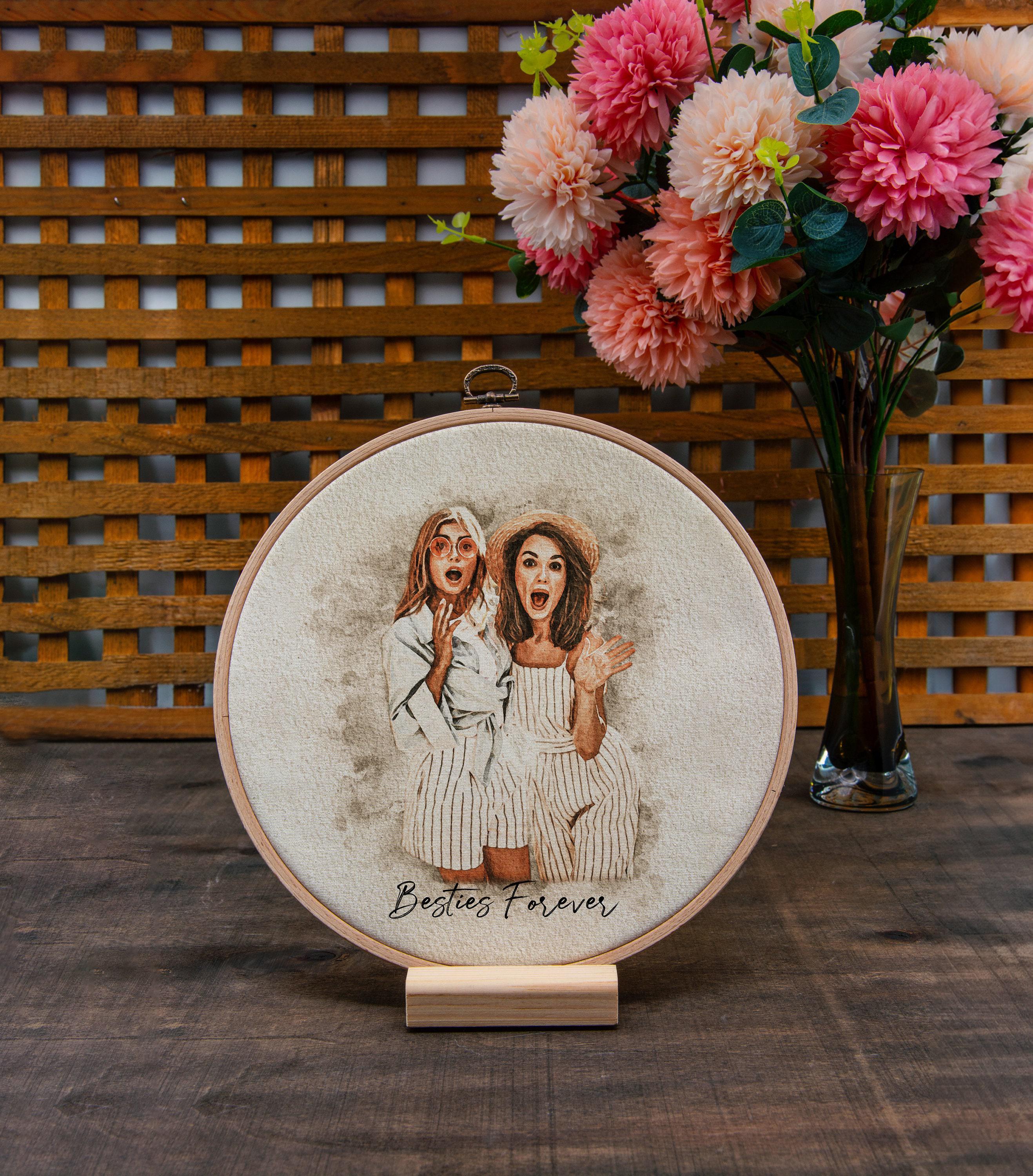 Personalized Watercolor Portrait, Friendship Print, Beechwood Hoop Frame Personalized Watercolor Portrait, Friendship Print, Beechwood Hoop Frame