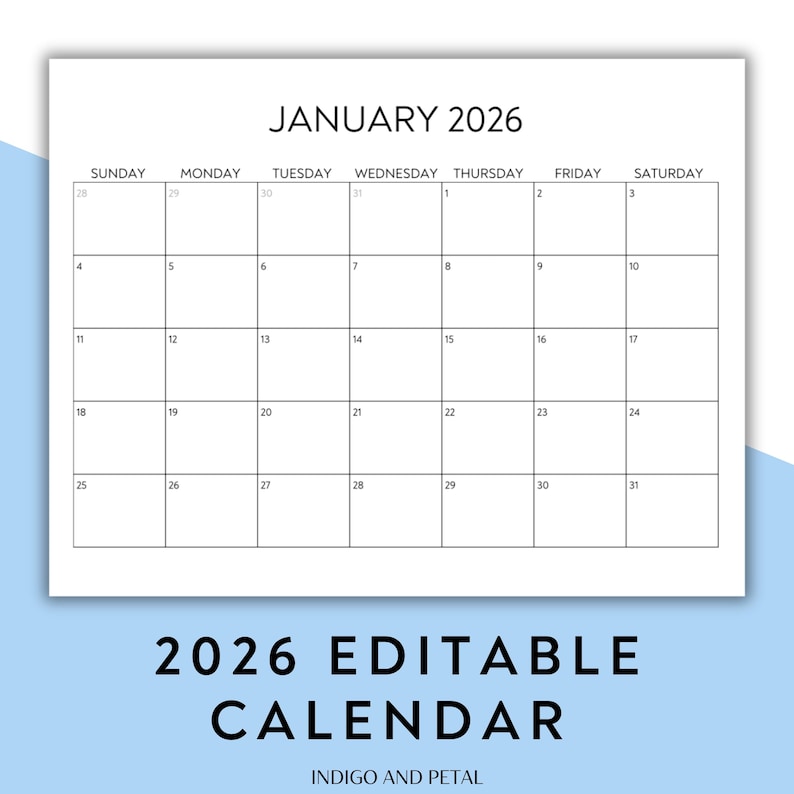 2026 Monthly Calendar | Editable Calendar | Calendar Template | Blank ...