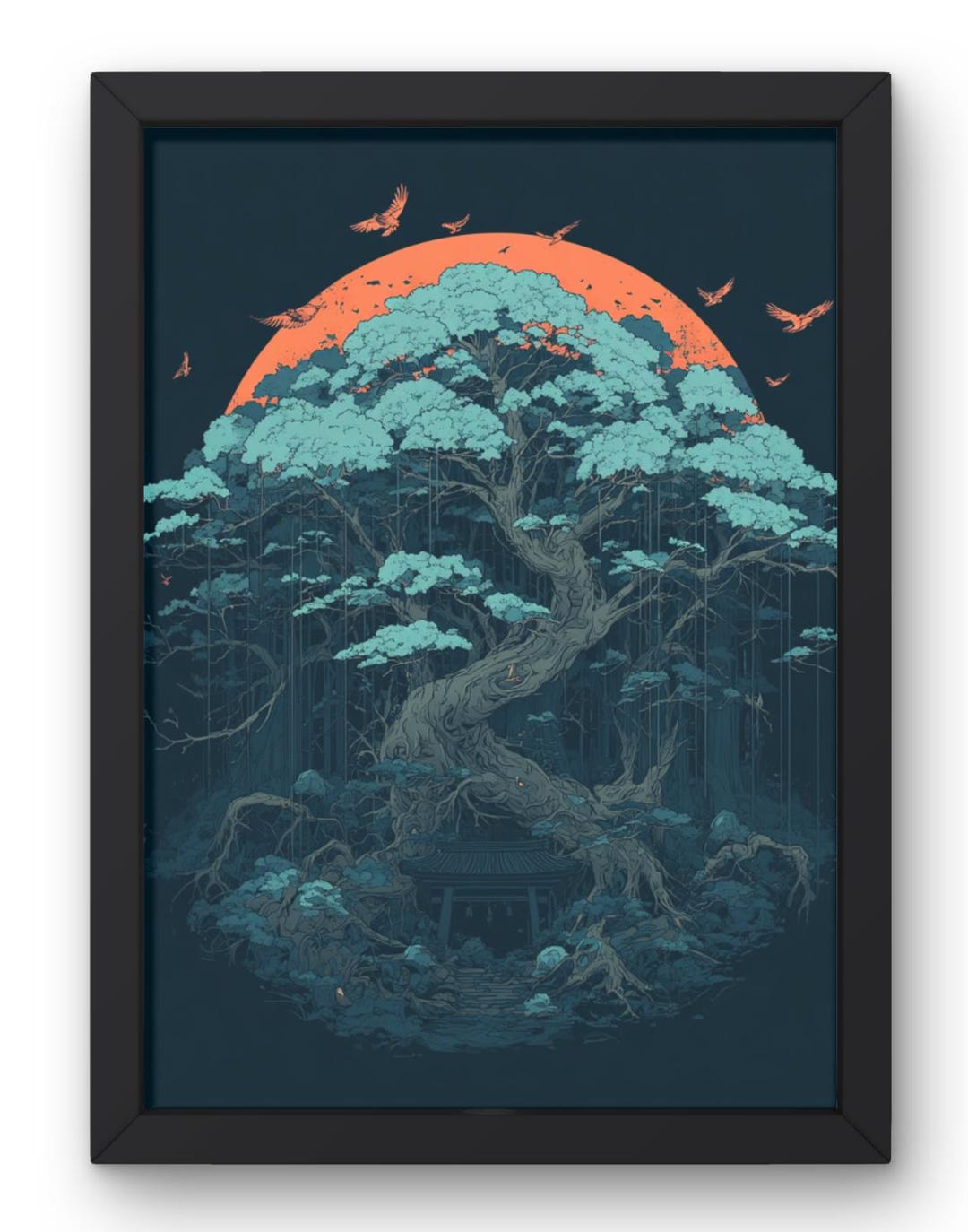 Japanese Forest Art Print: Mystical Tree, Crimson Moon (digital ...
