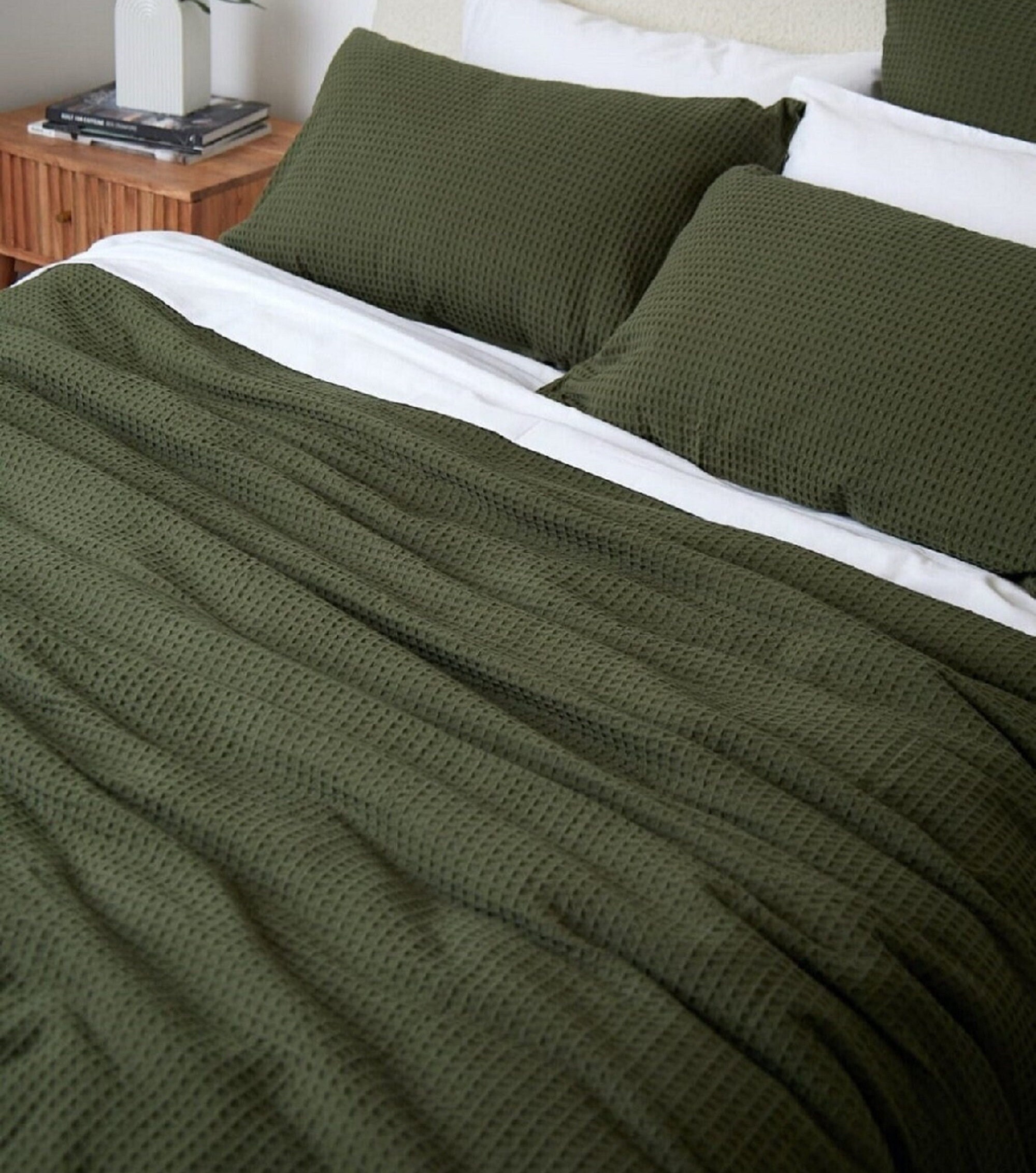 Dark Green Waffle Duvet Cover, Waffle Quilt Cover Set, King Queen Twin ...