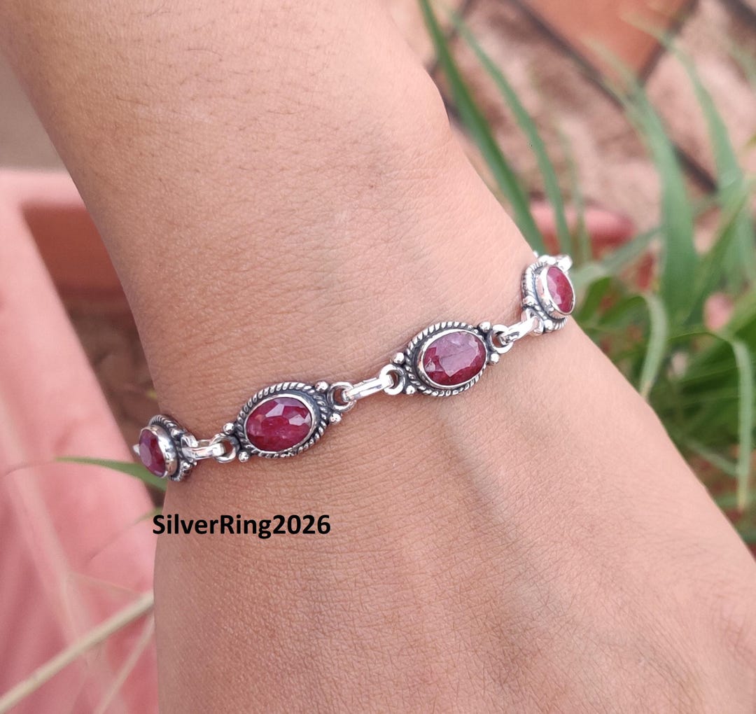 Natural Red Ruby Gemstone Bracelet, 925 Sterling Silver Bracelet, Beautiful Silver Bracelet ...