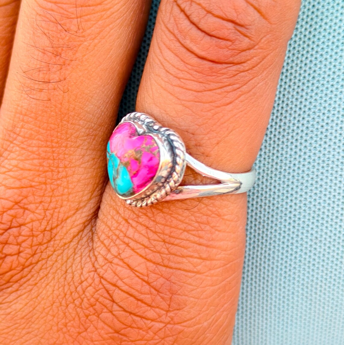 Heart Turquoise Sterling Silver Ring, Cotton Candy Pink, Statement ...
