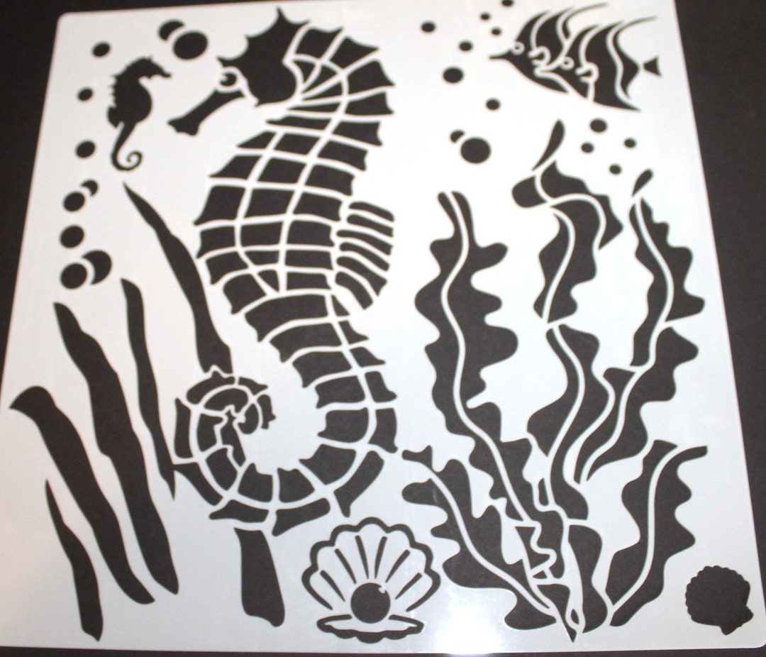 Mylar Stencil 20 SEAHORSE, Fish and Seaweed, Seashells, Bubbles Beach ...
