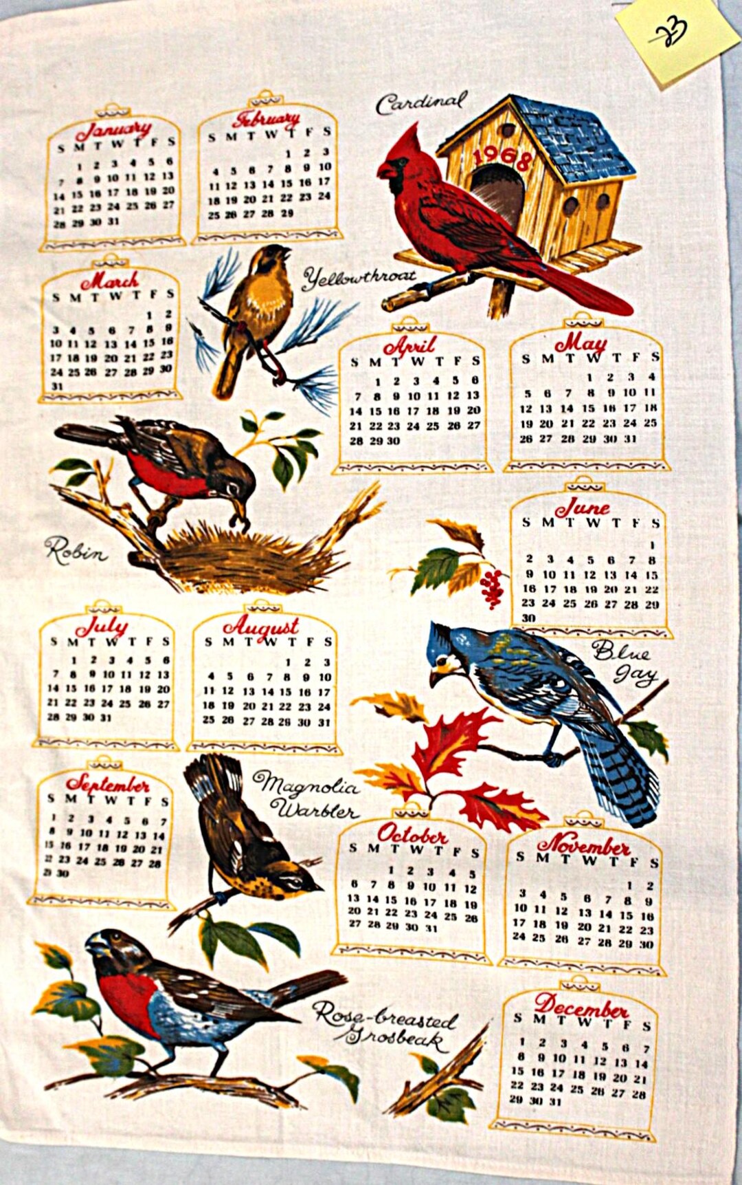 Vintage 1968 Linen Wall Calendar #23 Fabric 27 X 17 1/4 Songbirds ...