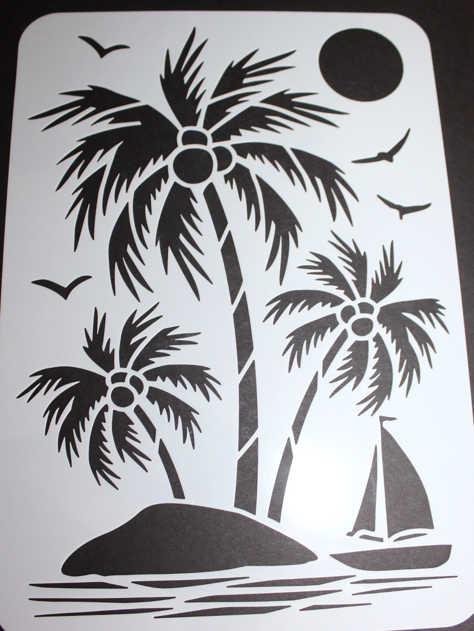 Mylar Stencil 53 BEACH PALM TREE 8.3 X 11.7 Sailboat, Water, Sun, Birds ...