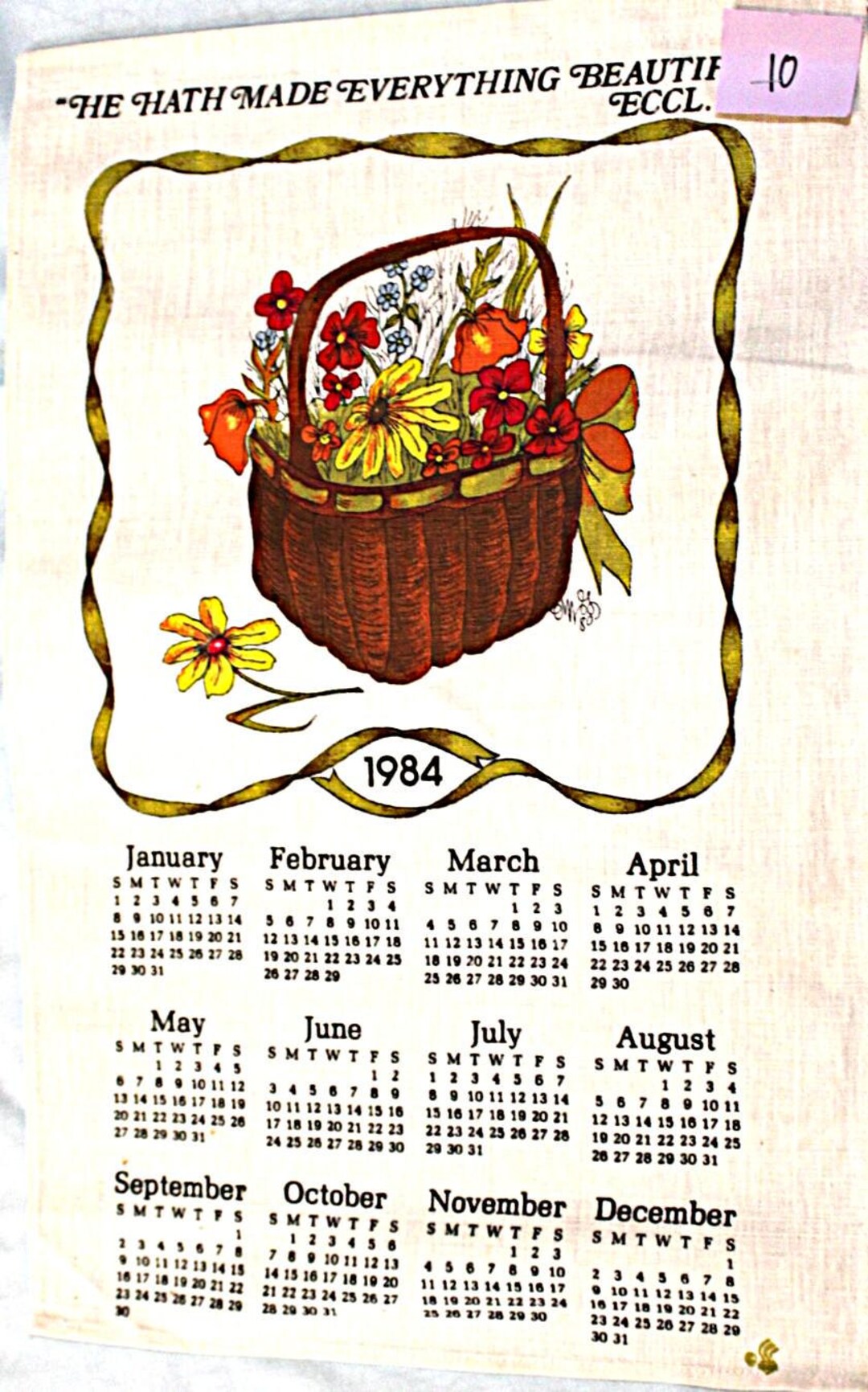 Vintage Calendar Towel #10 Fabric Wall Calendar 22 1/2 X 14 1/2 Perfect ...