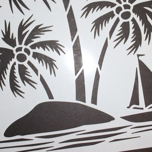 Mylar Stencil 53 BEACH PALM TREE 8.3 X 11.7 Sailboat, Water, Sun, Birds ...