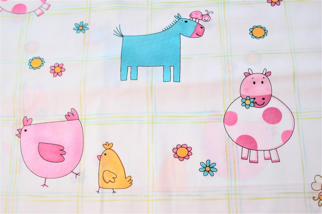 Fabric #85 Kids Print Cotton Barnyard Animal Fabric Blue Horse, Pink ...