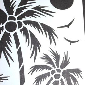 Mylar Stencil 53 BEACH PALM TREE 8.3 X 11.7 Sailboat, Water, Sun, Birds ...