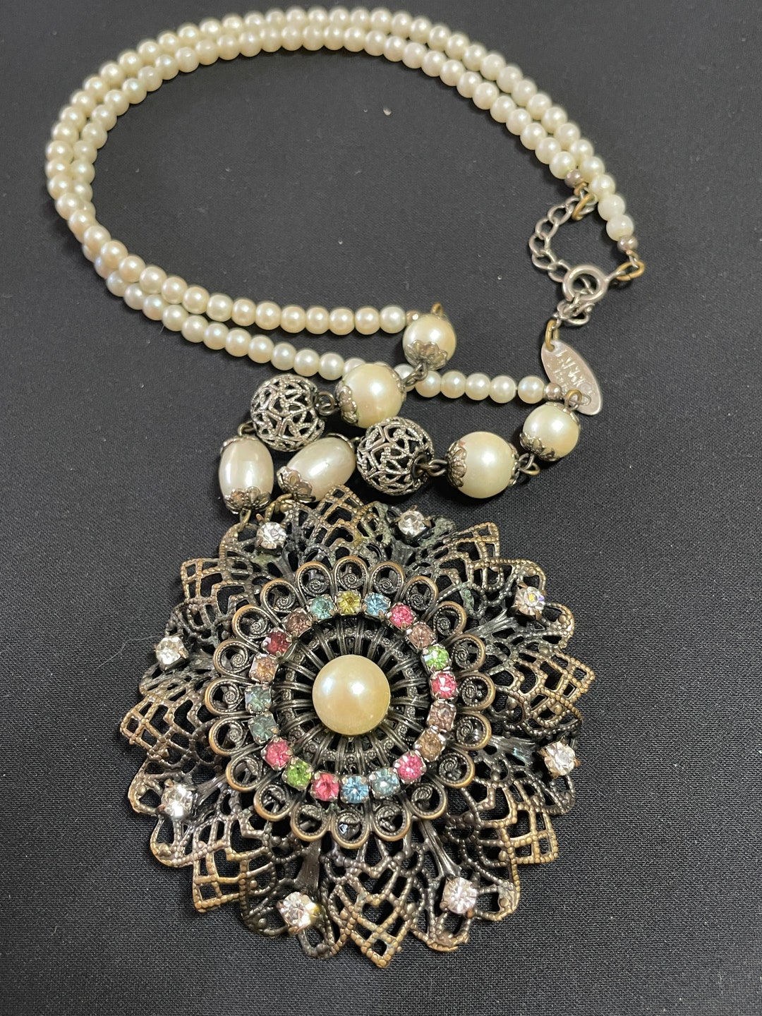 Vintage Fabrice Paris Filigree Rhinestone and Pearl Necklace - Etsy