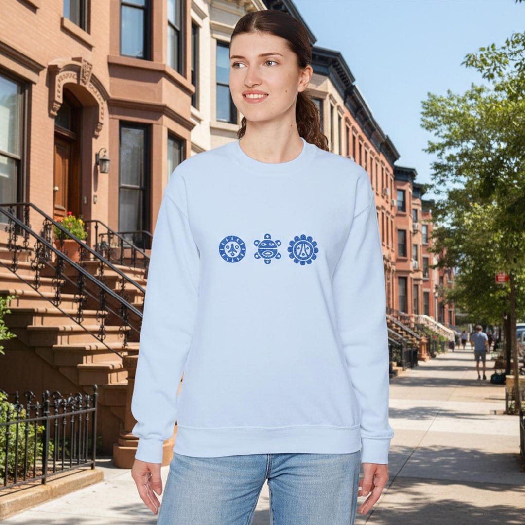 Taíno Sun Symbol Embroidered Sweatshirt | Blue Thread Petroglyph ...
