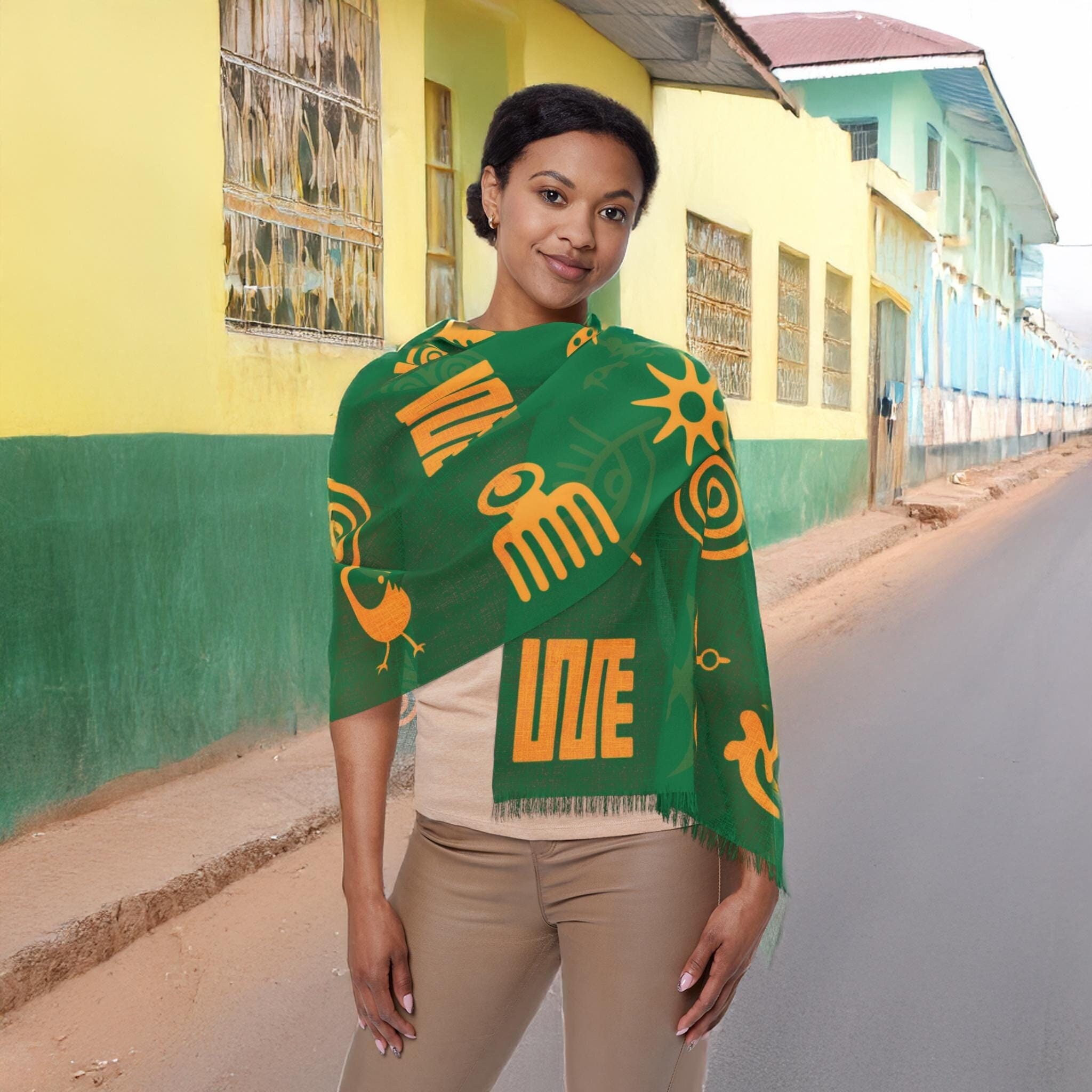Adinkra Symbol Light Scarf, Beautiful Pattern Scarf Green and Gold With ...