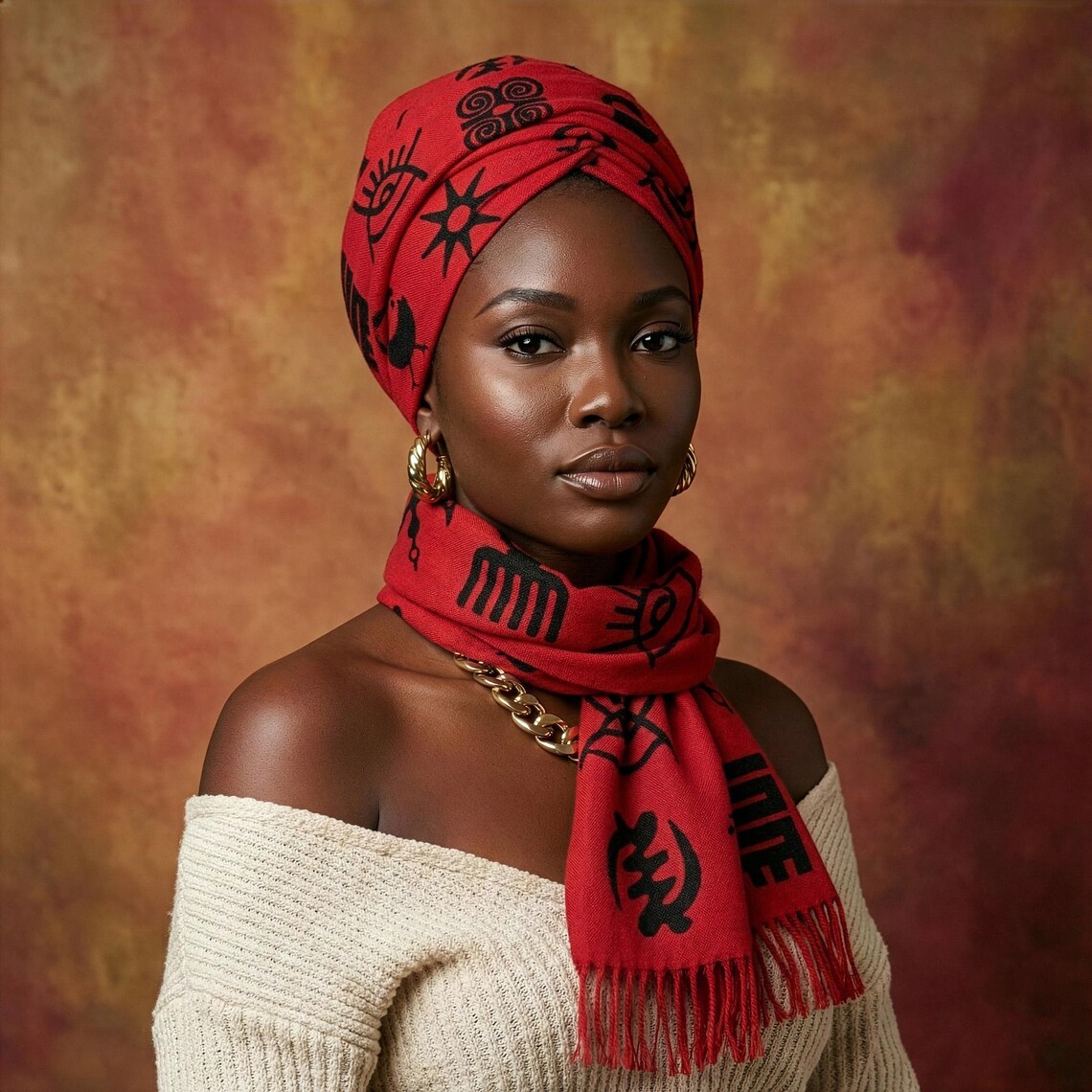 Adinkra Symbol Scarf, Beautiful Pattern Light Scarf With West African ...