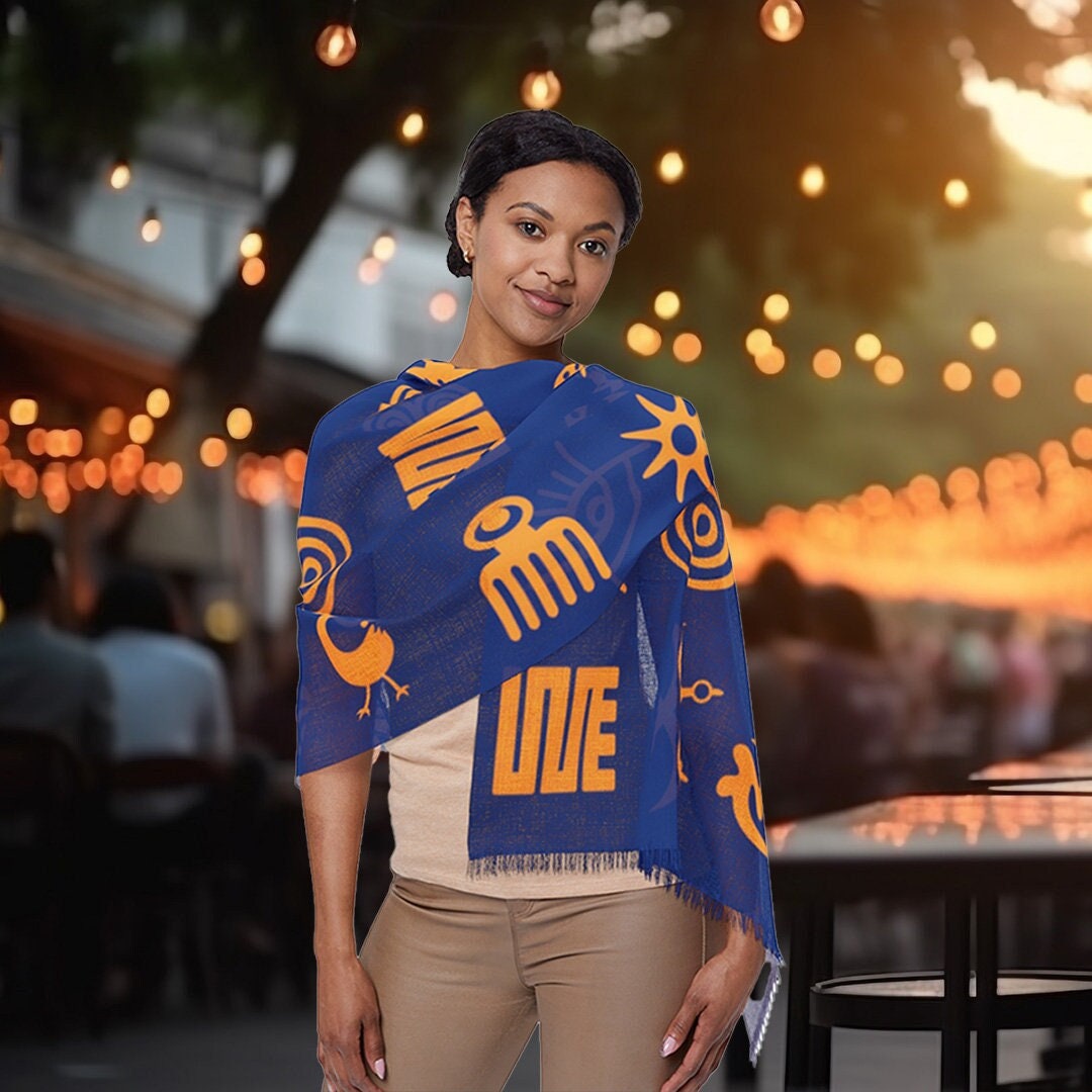 Adinkra Symbol Light Scarf, Beautiful Pattern Scarf Orange on Blue With ...