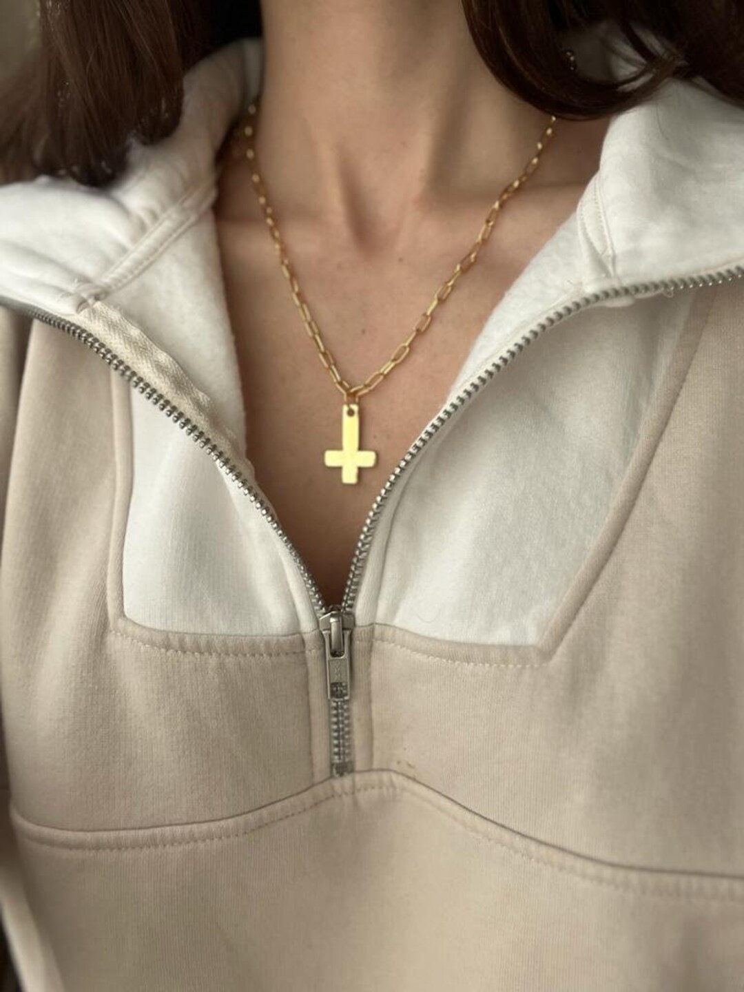 Medium Gold Inverted Cross Necklace Gold Simple Minimalist - Etsy