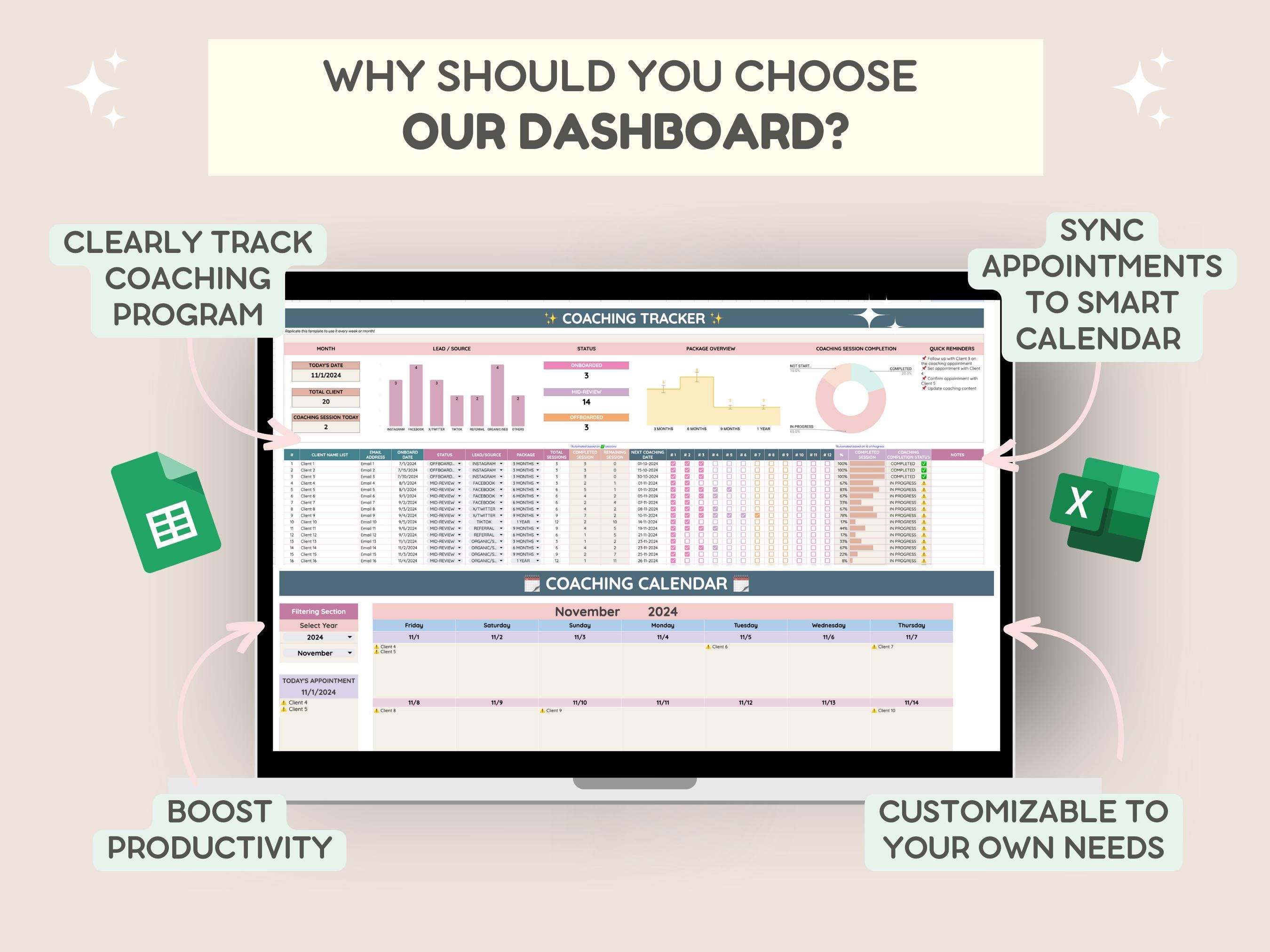 Coaching Tracker Smart Calendar | Client Onboarding Checklist | Client ...