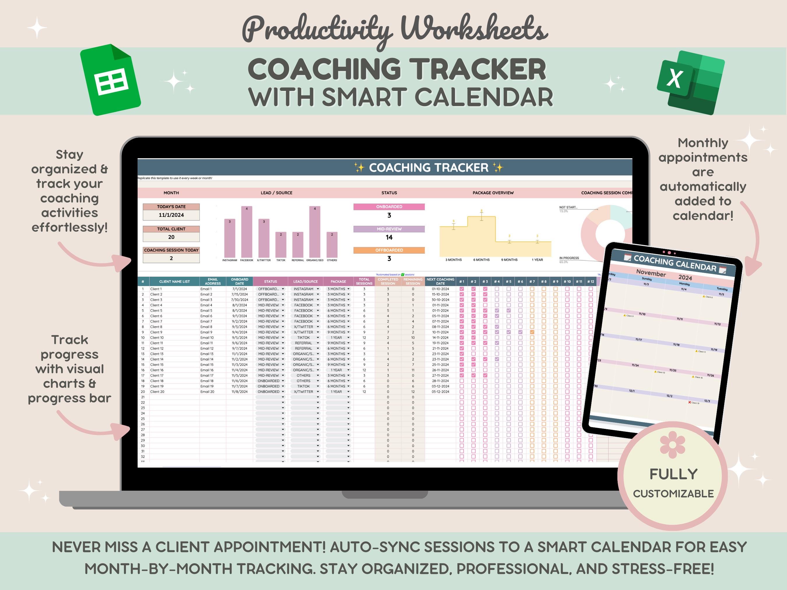 Coaching Tracker Smart Calendar | Client Onboarding Checklist | Client ...