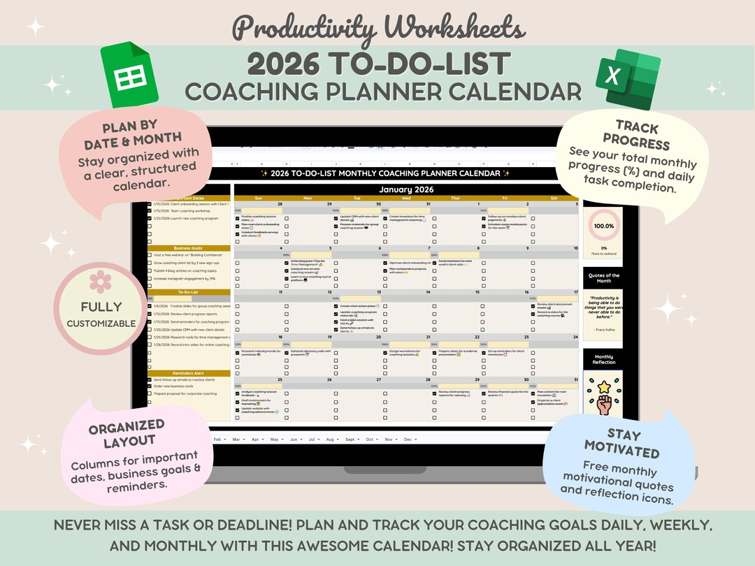 2026 Excel Calendar & Google Sheets for Coaches | Coaching Monthly ...