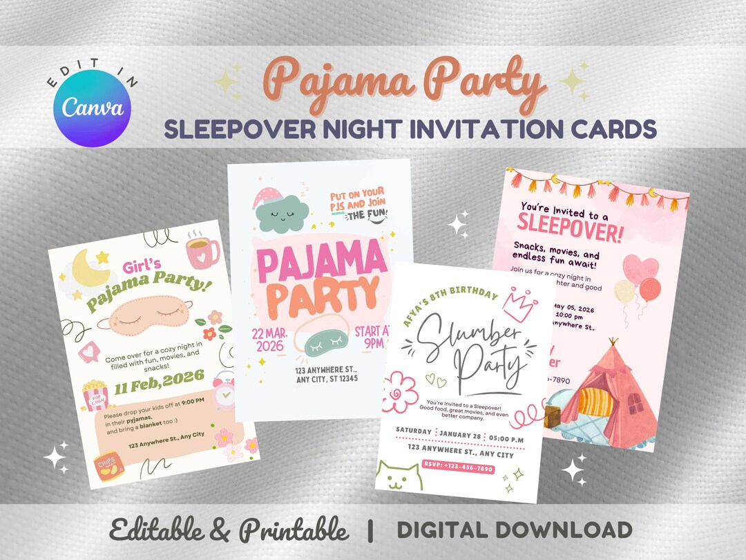 Sleepover Slumber Party, Pajama Party Digital Card, Movie Night ...