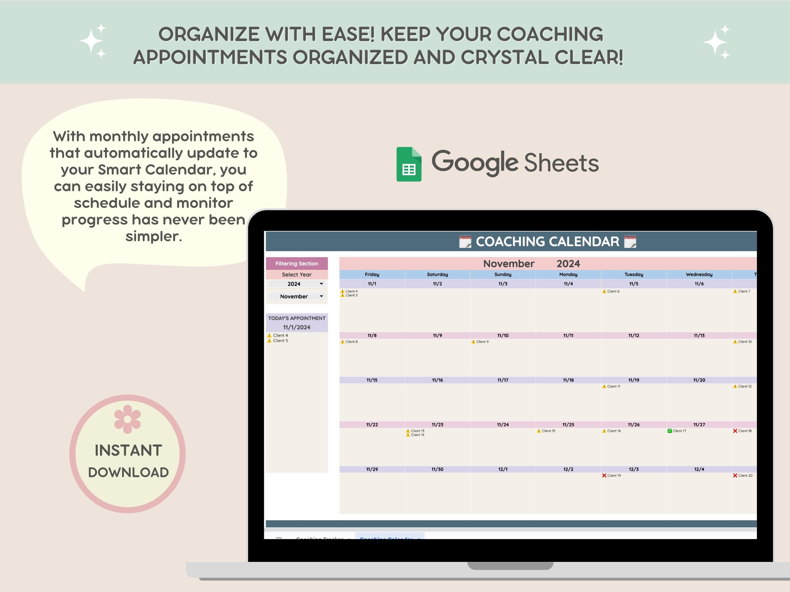 Coaching Tracker Smart Calendar | Client Onboarding Checklist | Client ...