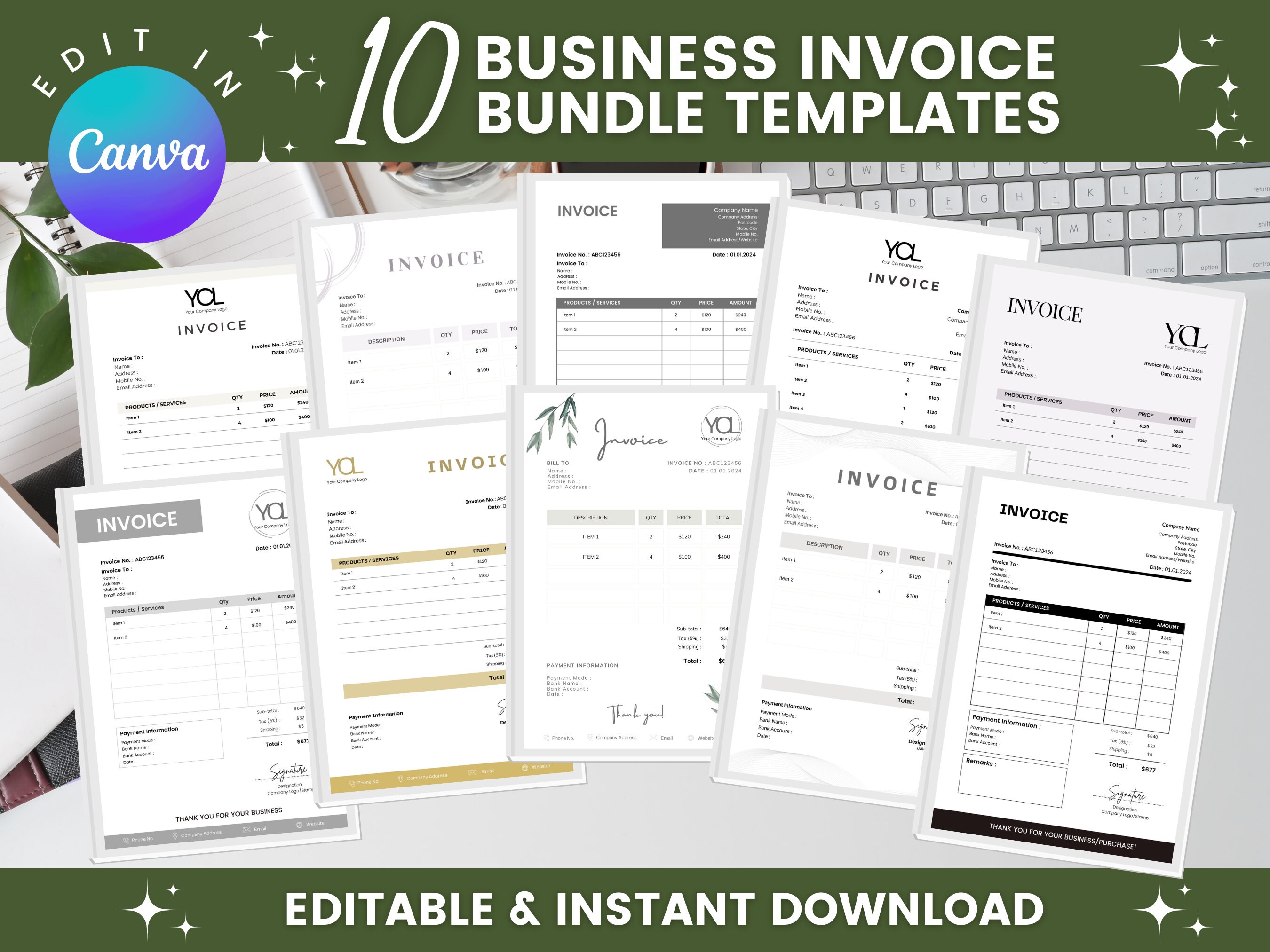 10 Editable Business Invoice Bundle Templates,business Receipt,simple ...