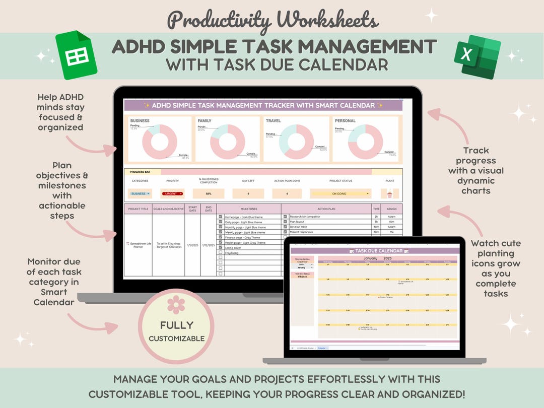 ADHD Task Tracker Spreadsheet | Task Management Smart Calendar Task ...