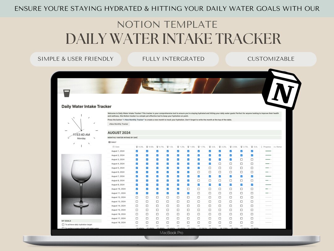 Notion Daily Water Intake Tracker | Digital Hydration Log | Stay ...