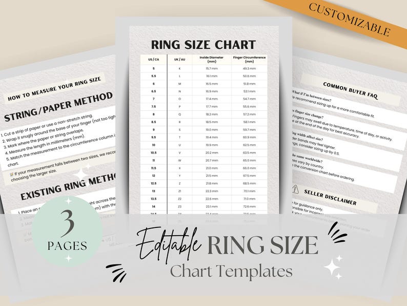 Editable Ring Size Chart Template | Printable Ring Sizer | Ring ...