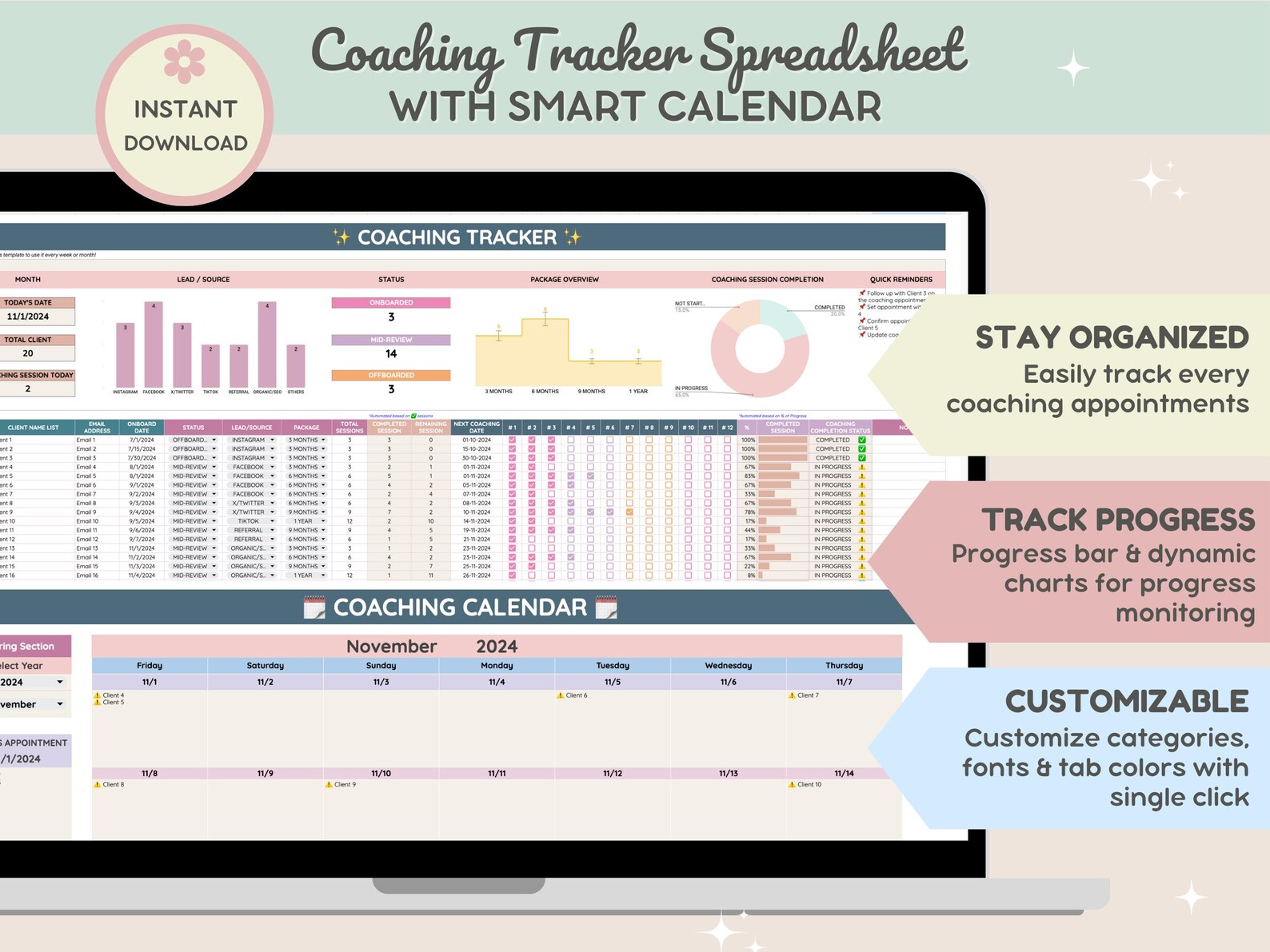 Coaching Tracker Smart Calendar | Client Onboarding Checklist | Client ...