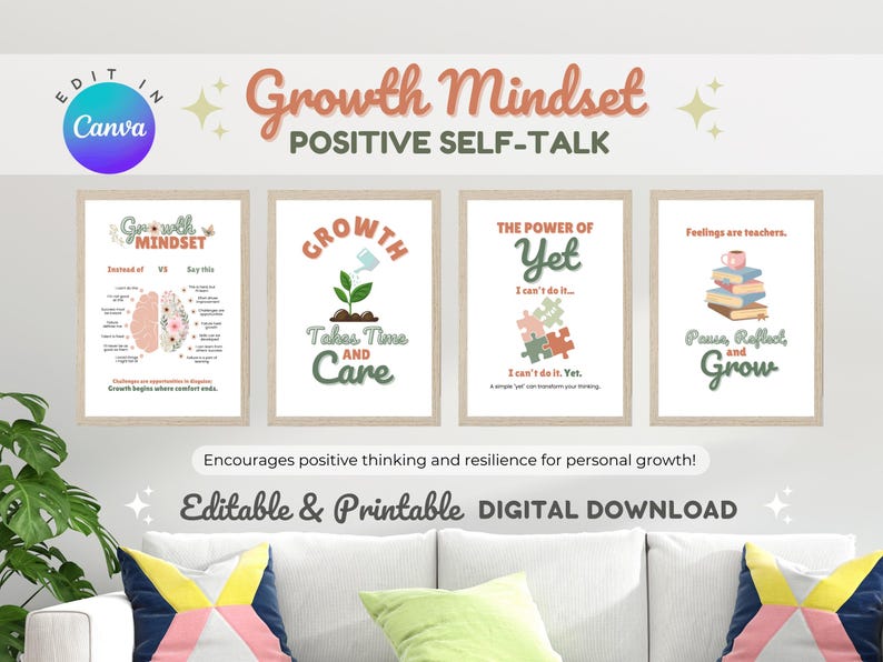 Growth Mindset Editable Posters Positive Self-talk Art Therapy ...