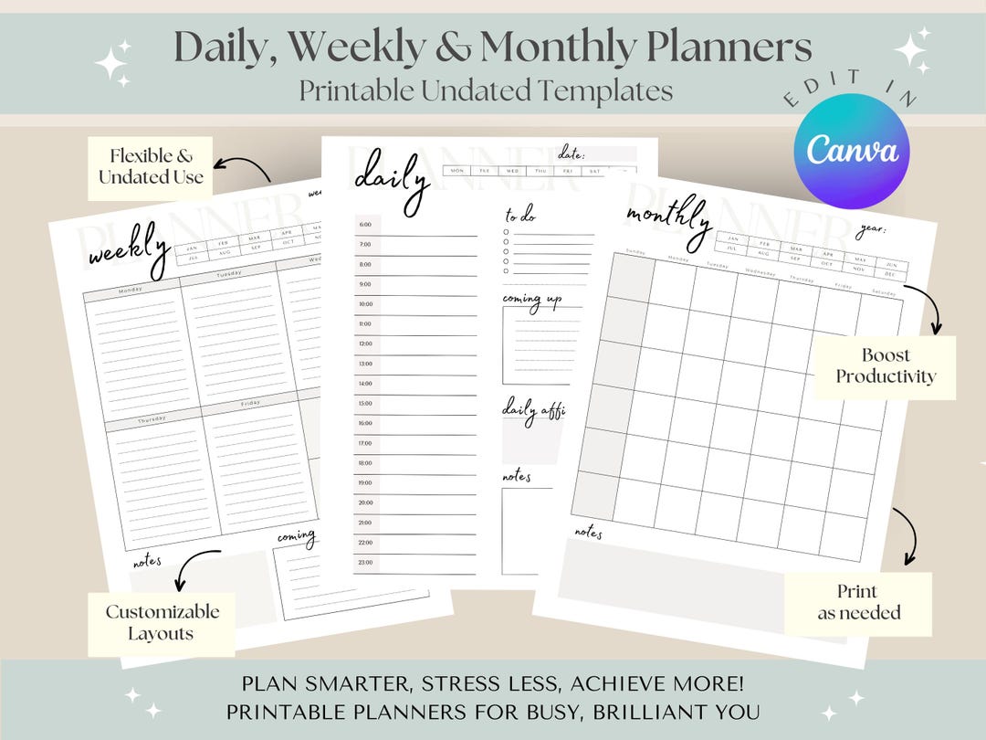Printable Simple Planner, Daily Weekly Monthly Template Pdf,editable ...