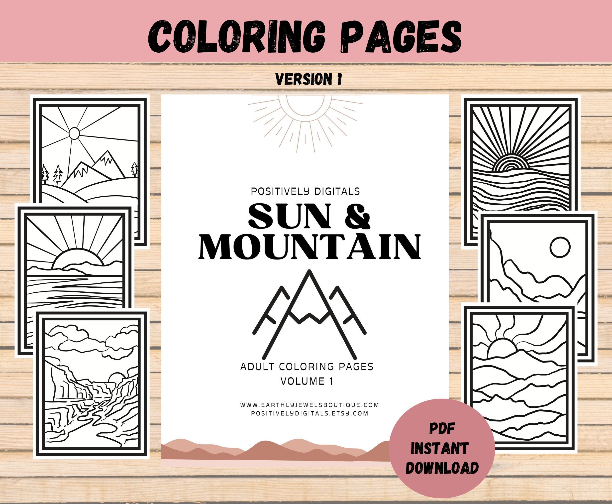 Printable Coloring Book, Sun and Mountains Coloring Book, Digital ...