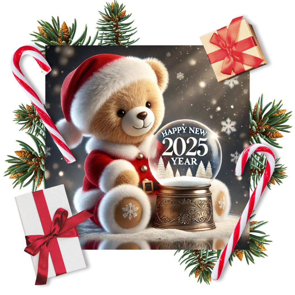 Happy New Year 2025 Digital Card - Cute Teddy Bear Greeting, Festive ...