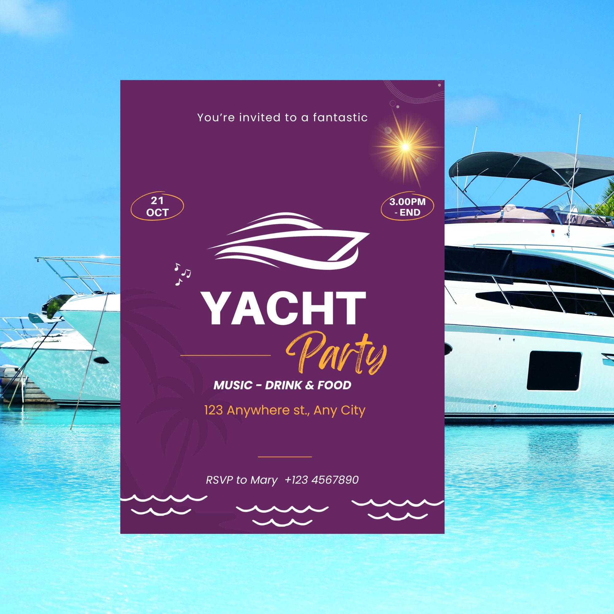 Yacht Invitation, Yacht Party Invite, Boat Party Invitation, Instant ...