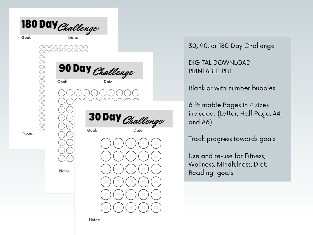 Challenge Tracker Sheet, Printable PDF 30, 90, 180 Days - Goal Setting ...