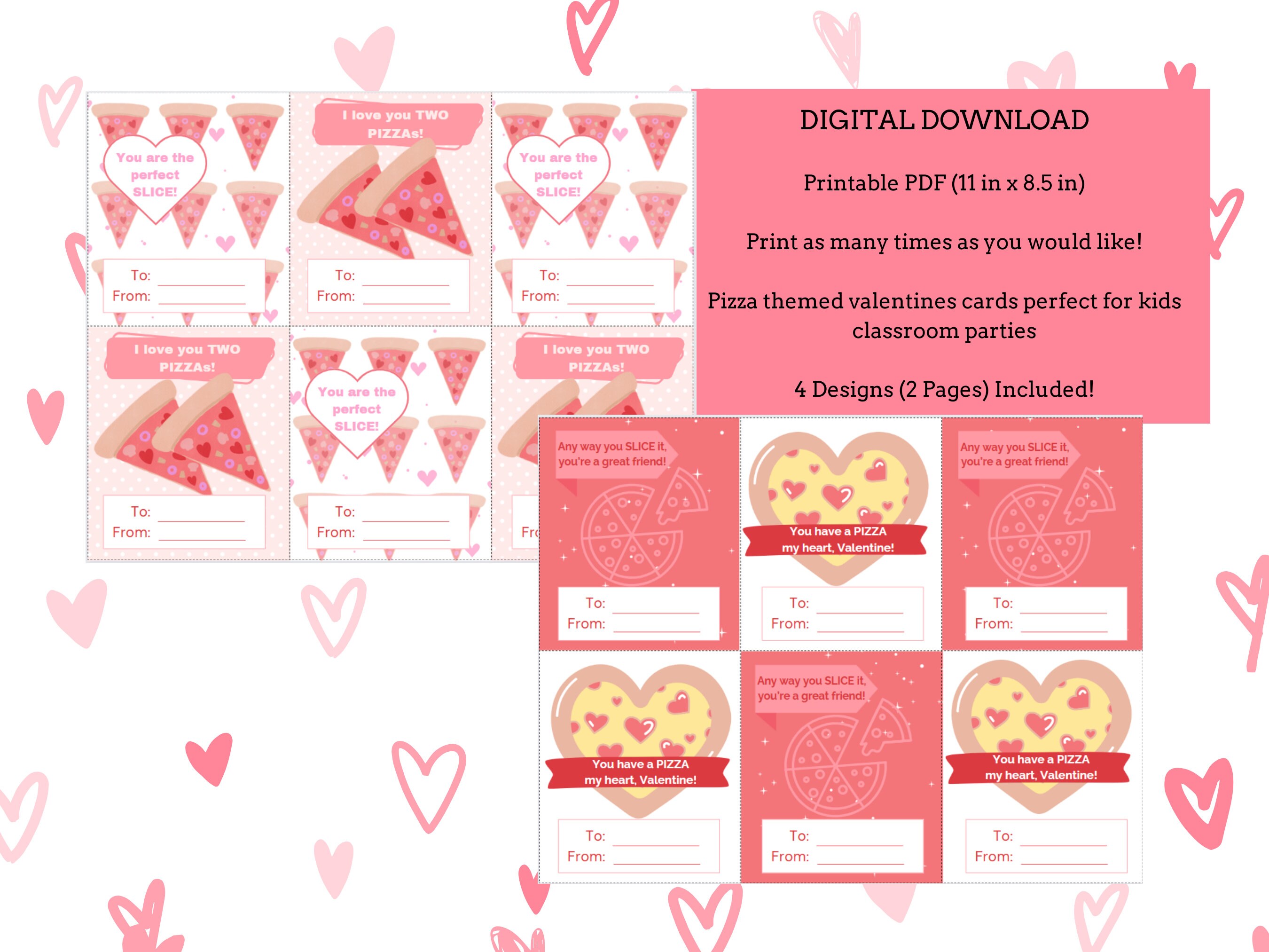 Pizza-themed Heart Valentines Cards for Boys Girls Kids Classroom ...