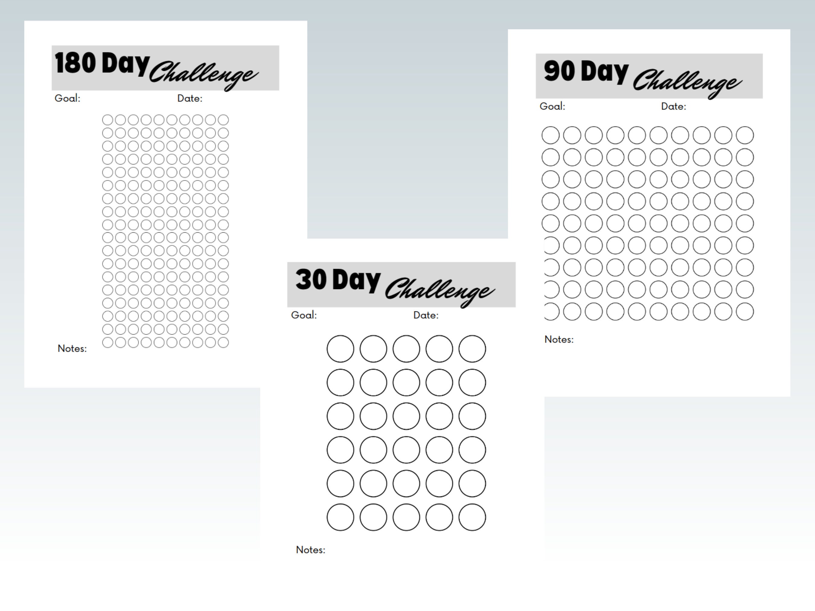 Challenge Tracker Sheet, Printable PDF 30, 90, 180 Days - Goal Setting ...
