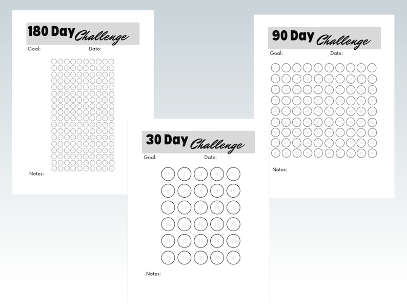 Challenge Tracker Sheet, Printable PDF 30, 90, 180 Days - Goal Setting ...