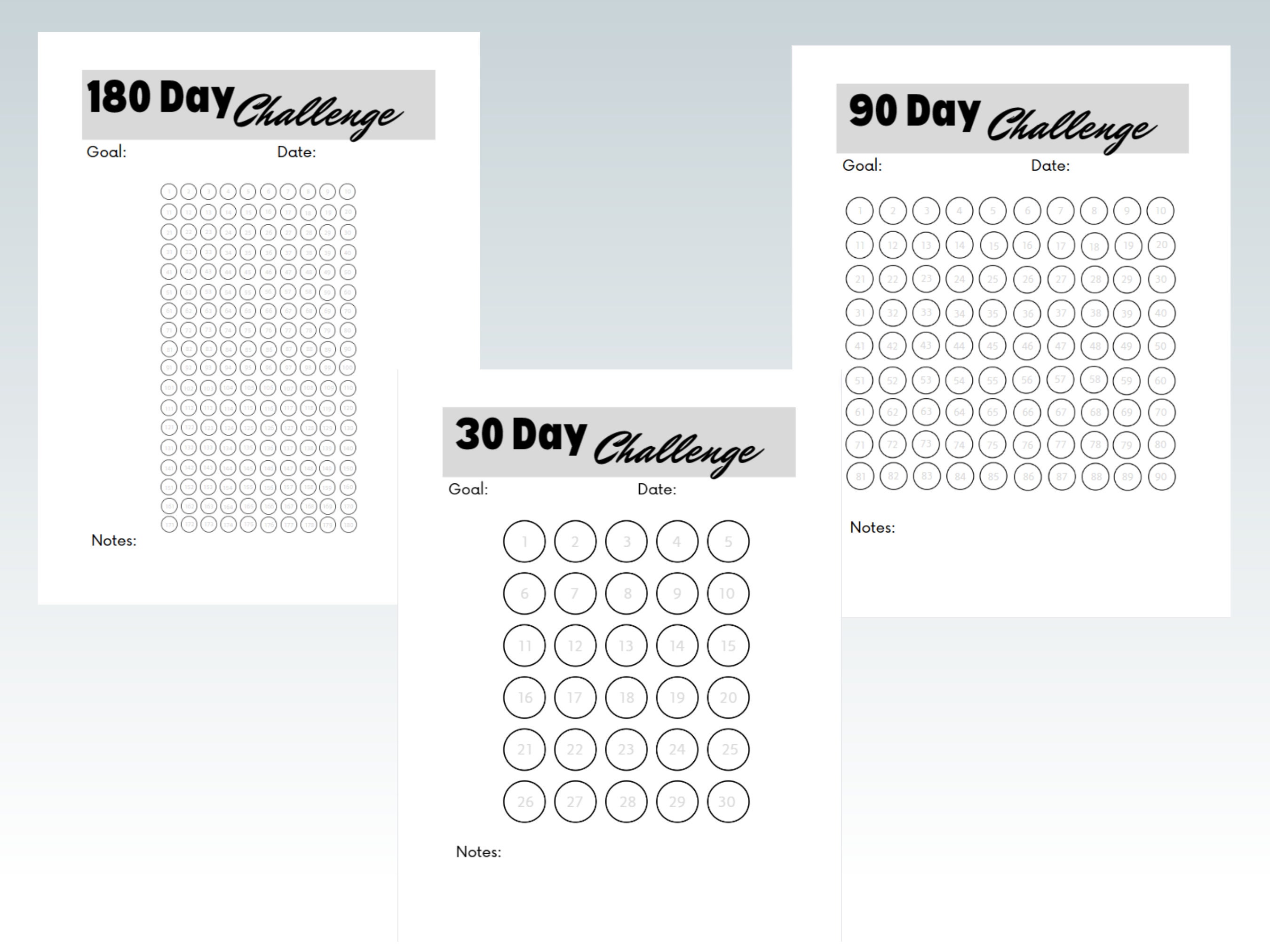 Challenge Tracker Sheet, Printable PDF 30, 90, 180 Days Goal Setting ...