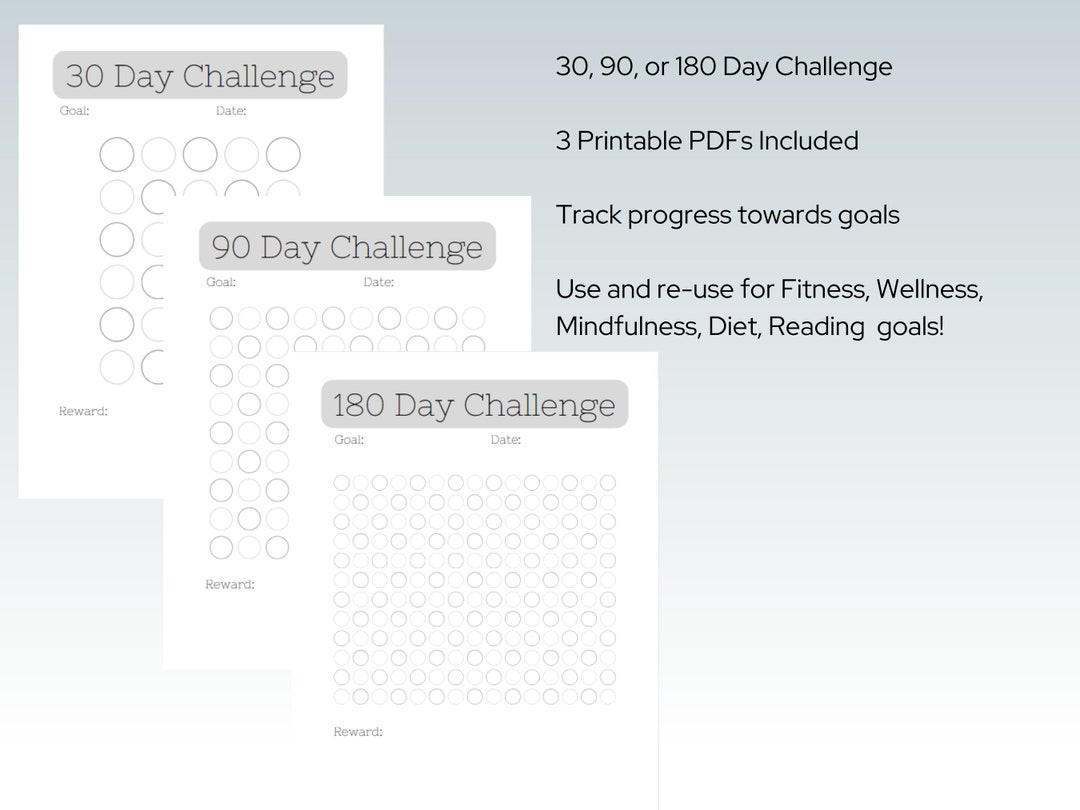 Printable PDF Challenge Tracker Sheets - 30, 90, 180 Days - Goal ...