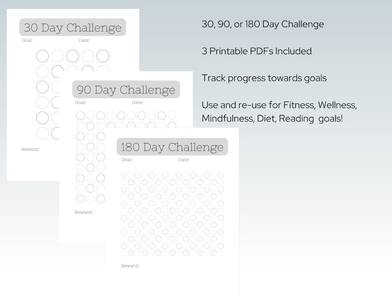 Printable PDF Challenge Tracker Sheets - 30, 90, 180 Days - Goal ...