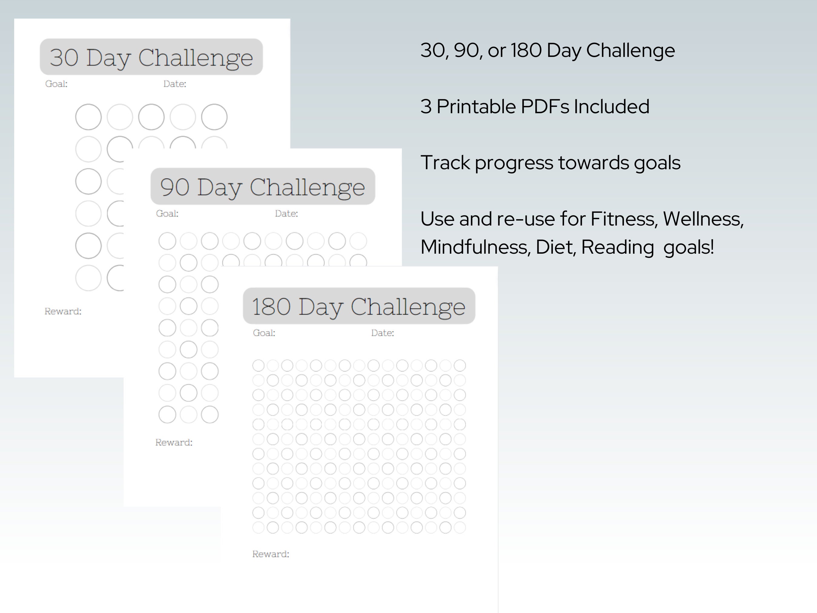 Printable PDF Challenge Tracker Sheets - 30, 90, 180 Days - Goal ...